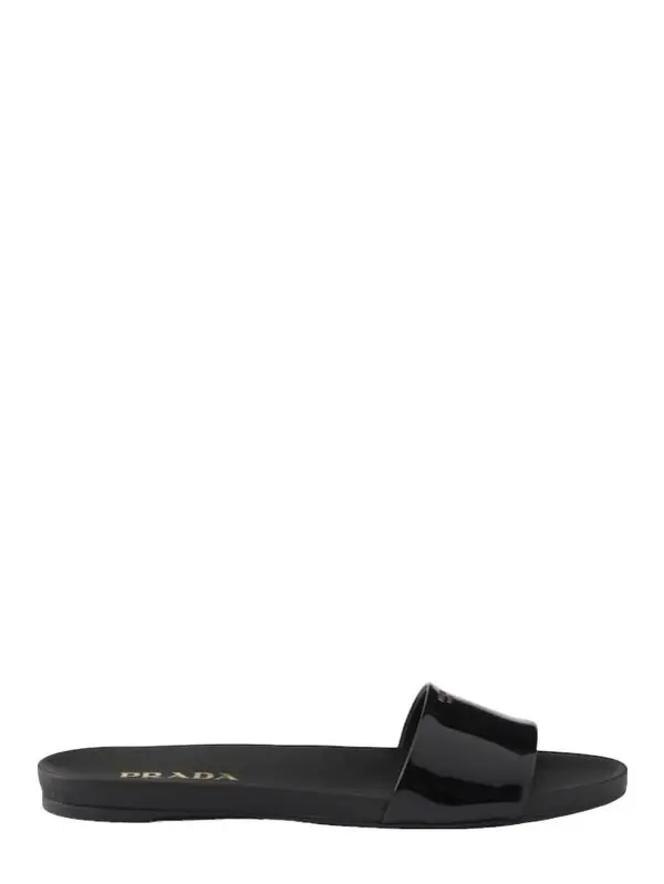 Prada Glossy Patent Leather Slip-on Sandals With Rubber Sole - Black