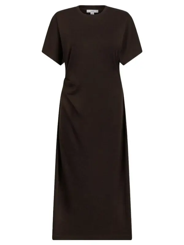 Vince Short-sleeved Calf-length Dress With Side Waist Pleating - Black