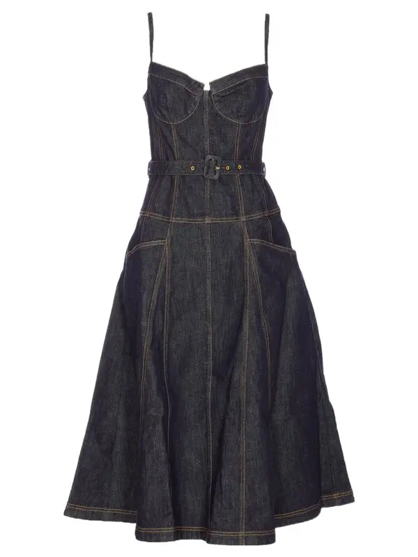 SELF-PORTRAIT Denim Flared Midi Dress - Blue
