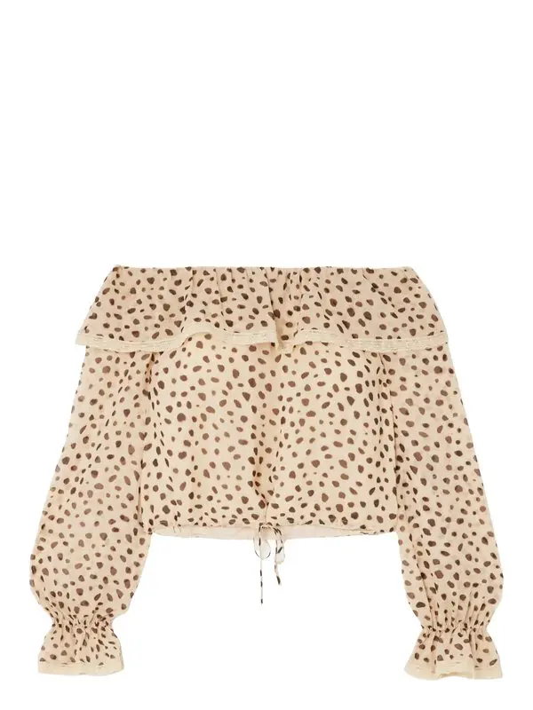 Posse Priscilla Off-shoulder Leopard Print Silk Georgette Shirt With Lace Trim - No