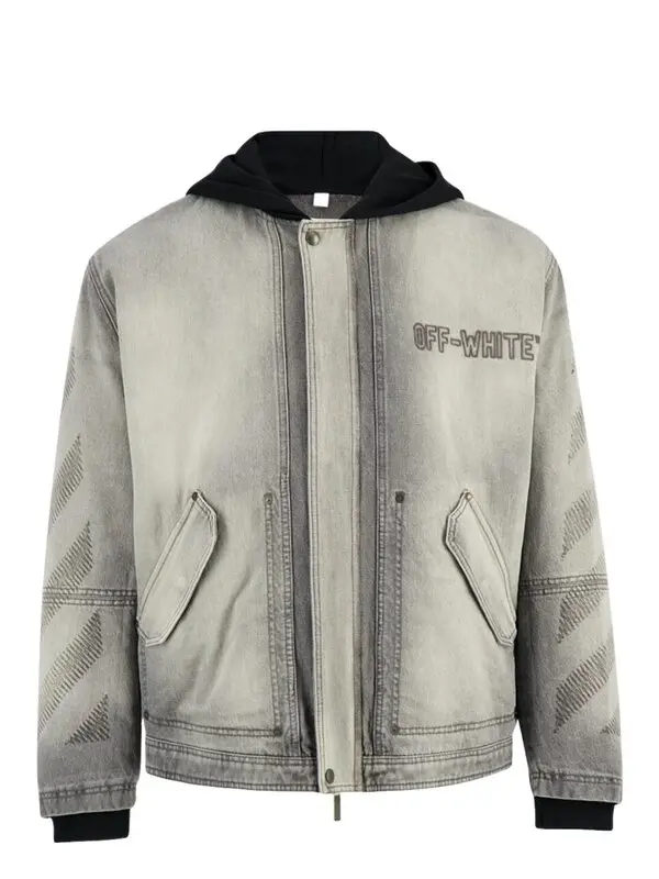 Off-White Hooded Denim Jacket With Fleece Detail - Gray