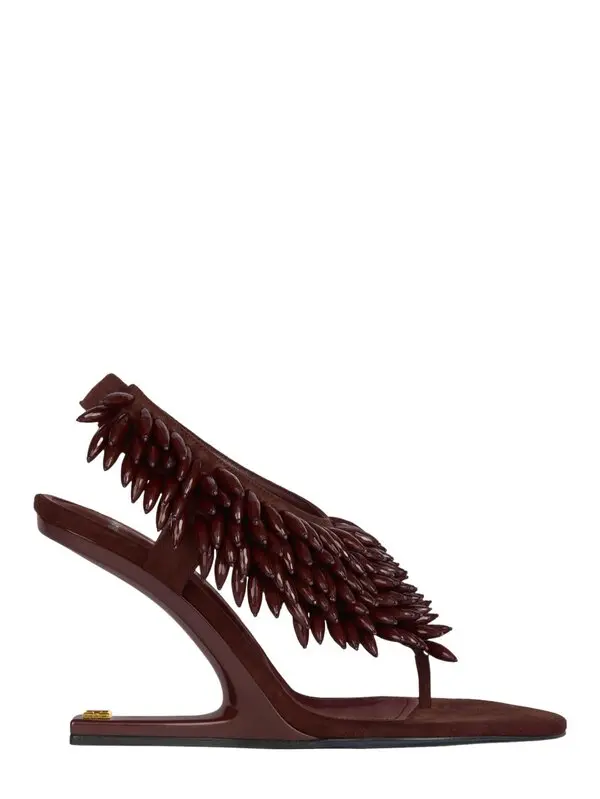 Balmain Wedge Beaded Suede Sandals - Brown