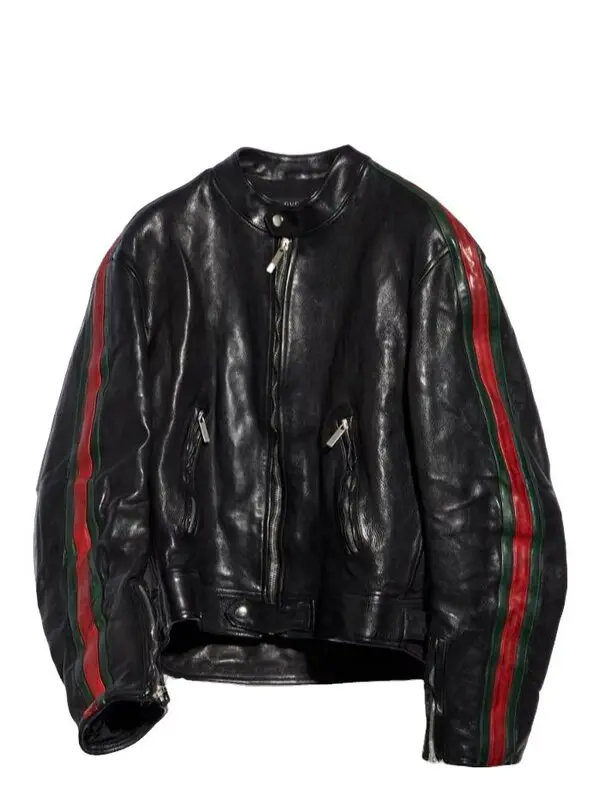 Gucci Web Detailed Leather Biker Jacket - Black