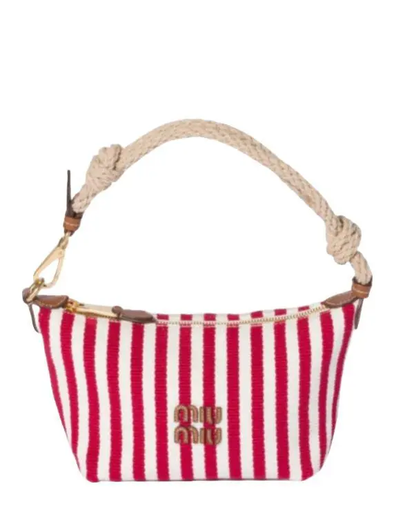 Miu Miu Striped Cotton And Leather Pouch - Ruby Red/cognac