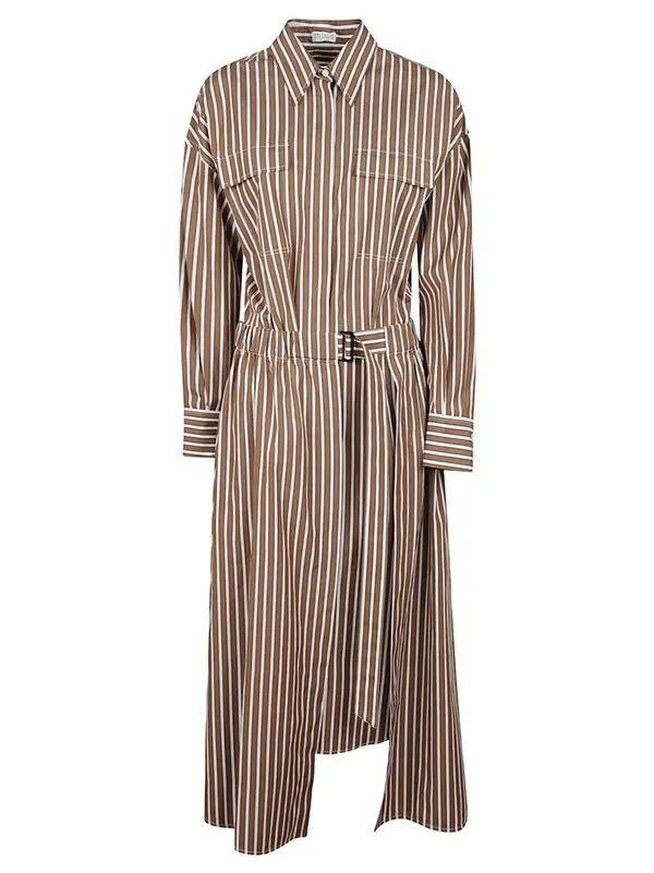 Brunello Cucinelli Belted Striped Shirt Dress - Brown