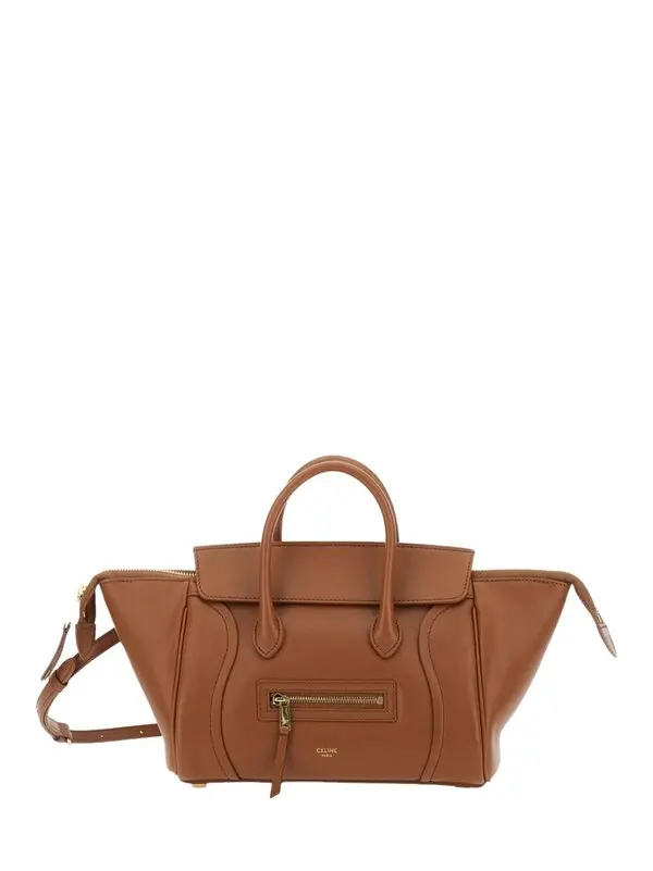 Celine Leather Handbag With Embossed Logo - Brown
