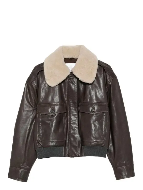 Brunello Cucinelli Long Sleeve Leather Bomber Jacket With Shearling Collar - Brown