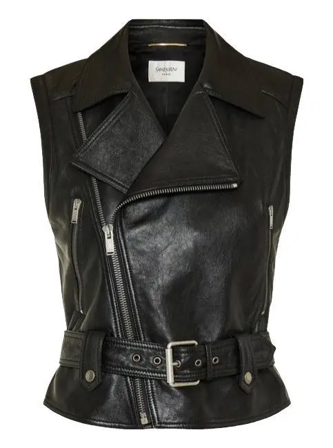 Saint Laurent Leather Sleeveless Vest - Black