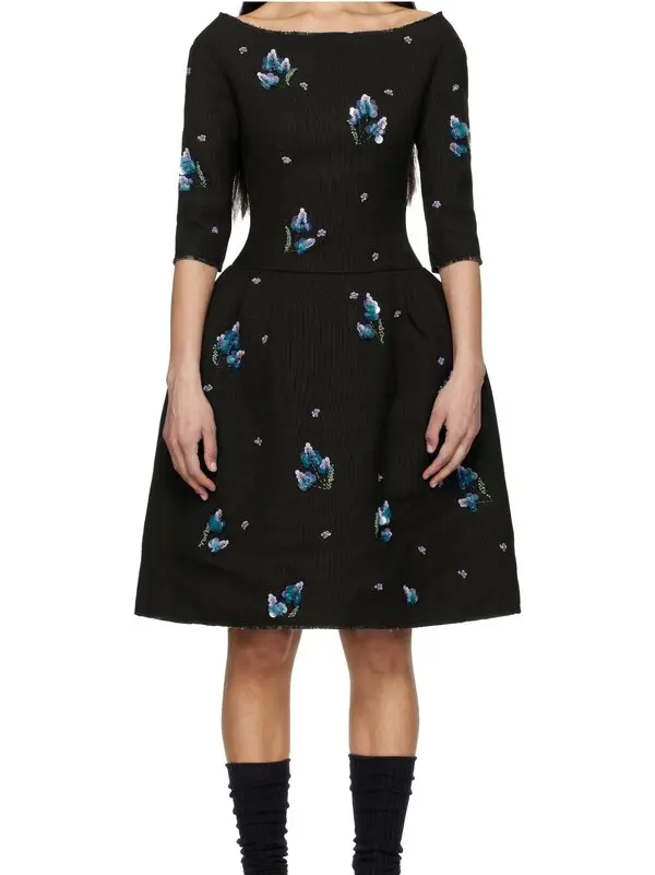 SHUSHU/TONG Floral Appliqué Midi Dress - Black