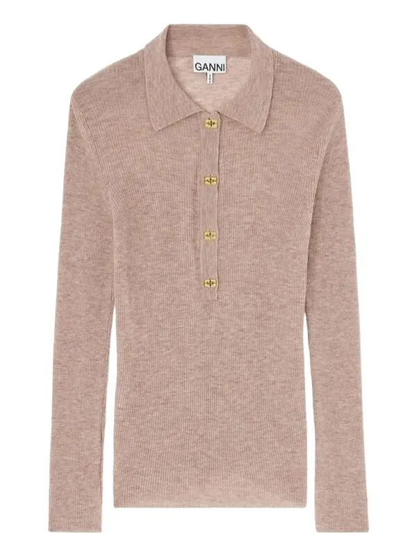 GANNI Sheer Wool Polo Shirt - Nude