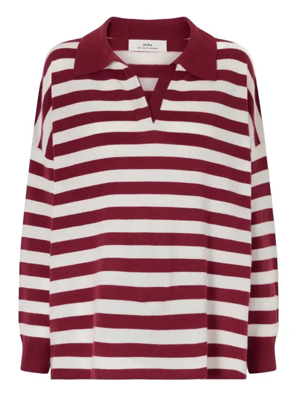 Arch4 Victoria Striped Cashmere Polo Collar Sweater - Red
