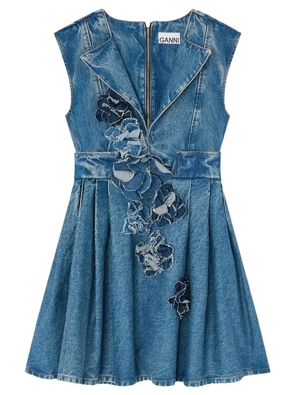 GANNI Floral Appliqué Denim A-line Dress - Blue