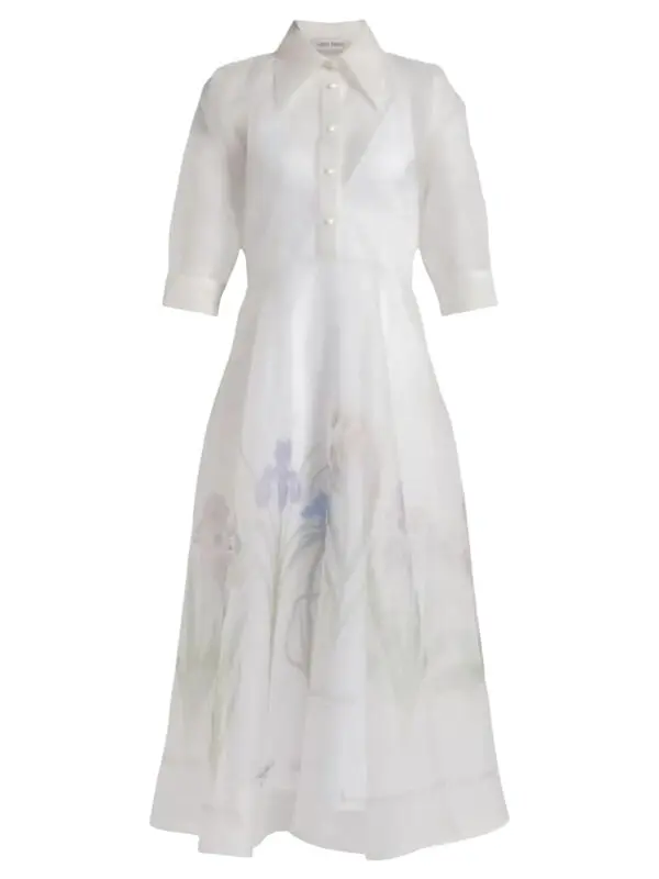 Alberta Ferretti Collared Short-sleeved Printed Dress - White