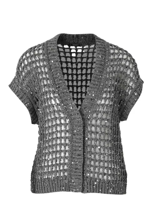 Peserico Sequin Embellished V-neck Openwork Cardigan - Gray