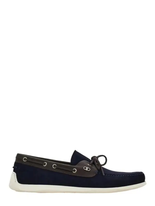 FERRAGAMO Suede Boat Loafer With Leather Accents - Navy Blue/testa Di Moro