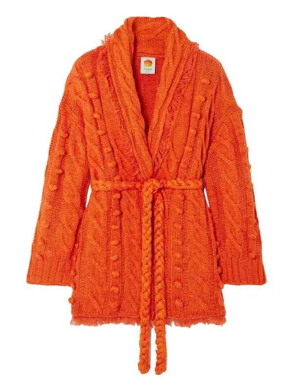 Farm Rio Oversized Cable Knit Cardigan With Frayed Edges And Tie Detail - Orange