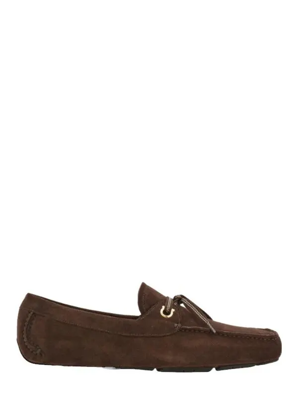 FERRAGAMO Laced Suede Driver Loafers - Brown