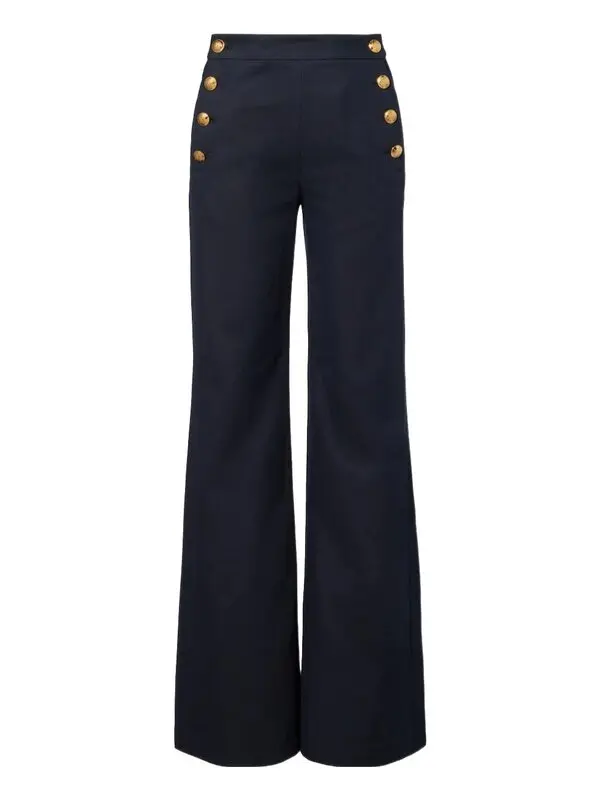 NILI LOTAN Reed Cotton And Linen Flared Trousers With Gold Buttons - Black