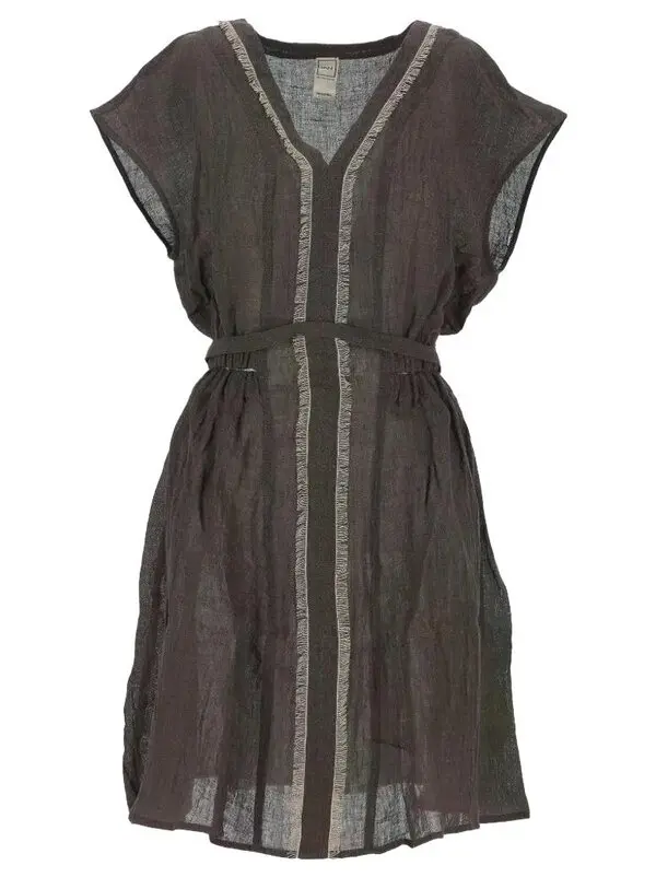 120% Lino Frayed Trim Belted Mini Dress - Brown