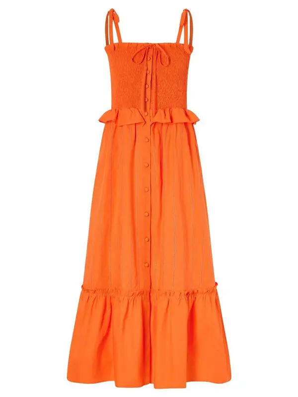 Loretta Caponi Alberica Ruffled Shirred Cotton-poplin Midi Dress - Orange