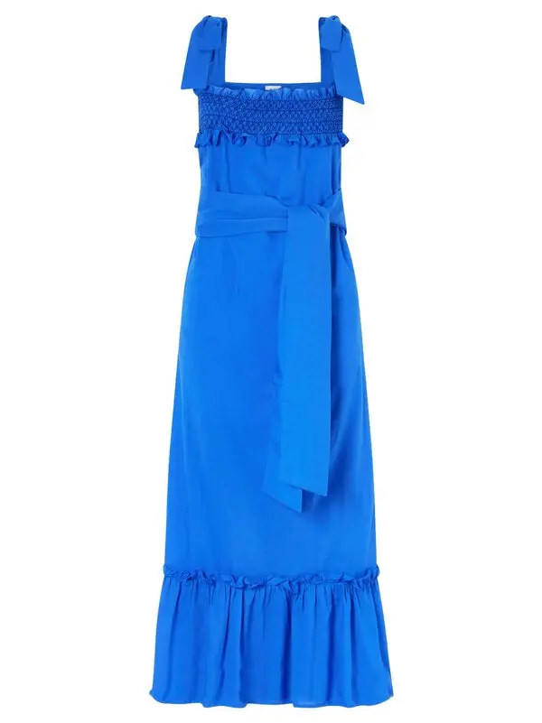 Loretta Caponi Armida Belted Ruffled Smocked Cotton-poplin Maxi Dress - Blue