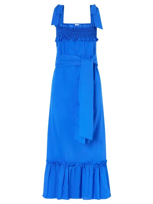Loretta Caponi Armida Belted Ruffled Smocked Cotton-poplin Maxi Dress - Blue