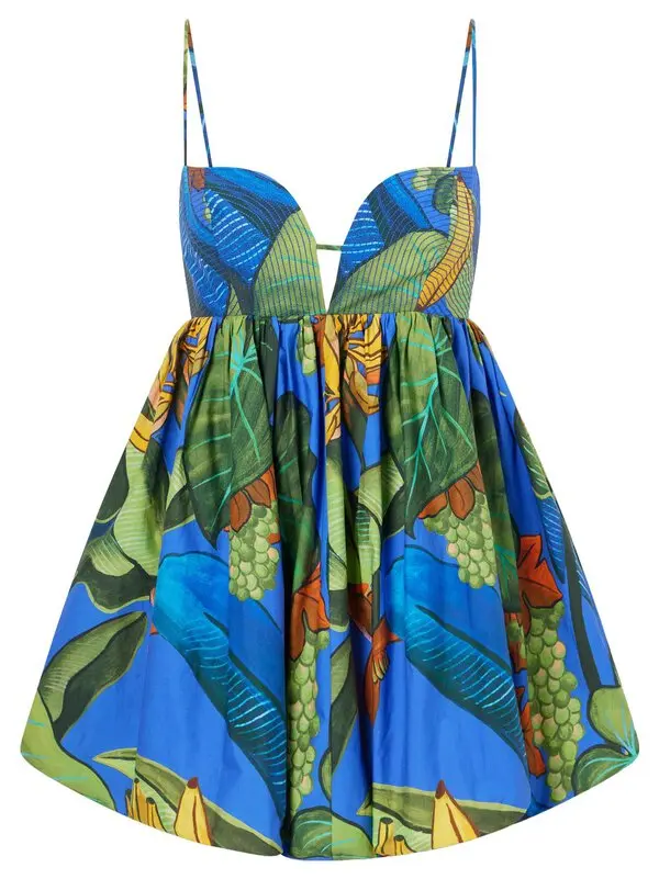Farm Rio Banana Grapes Printed Linen-blend Mini Dress - Blue