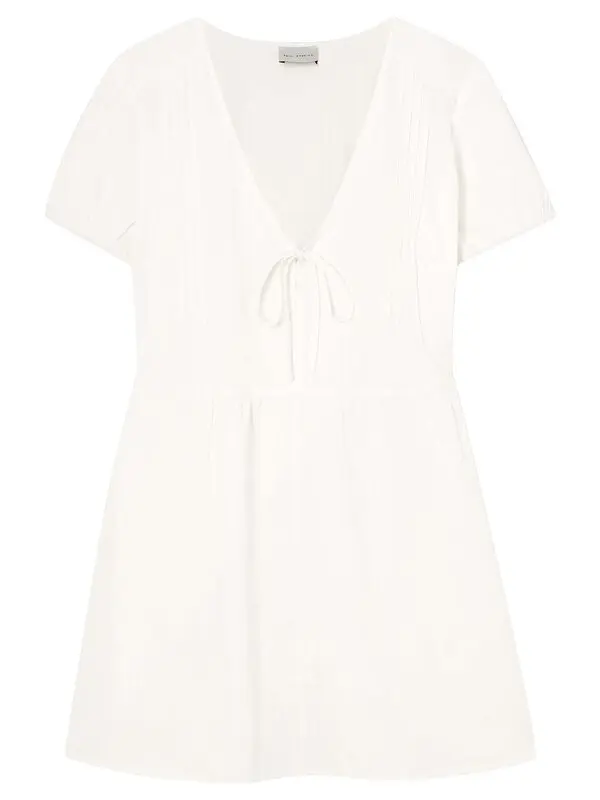 DEIJI STUDIOS Organic Cotton Pintucked Tie-detail Mini Dress - White