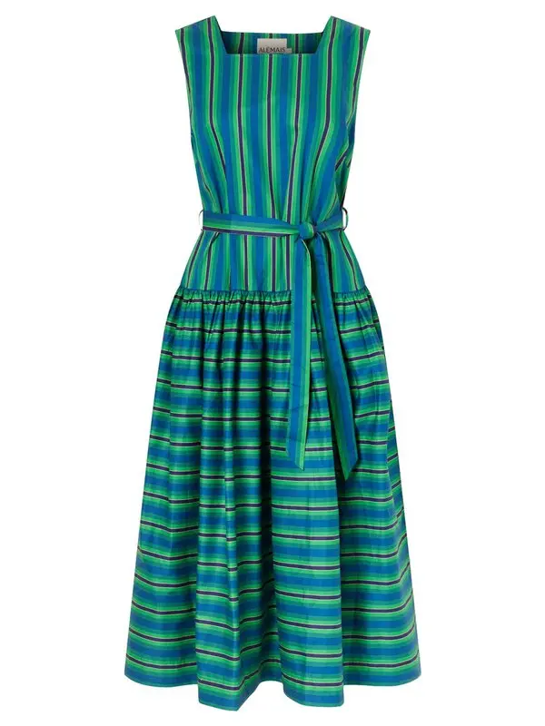 ALEMAIS Margo Belted Striped Organic Cotton-poplin Midi Dress - Green