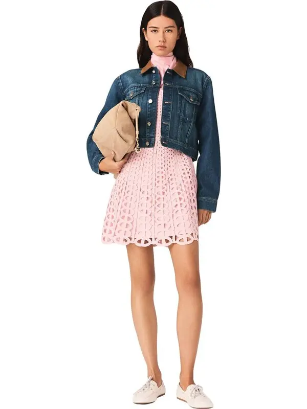 Maje Cropped Denim Trucker Jacket With Leather Collar - Blue