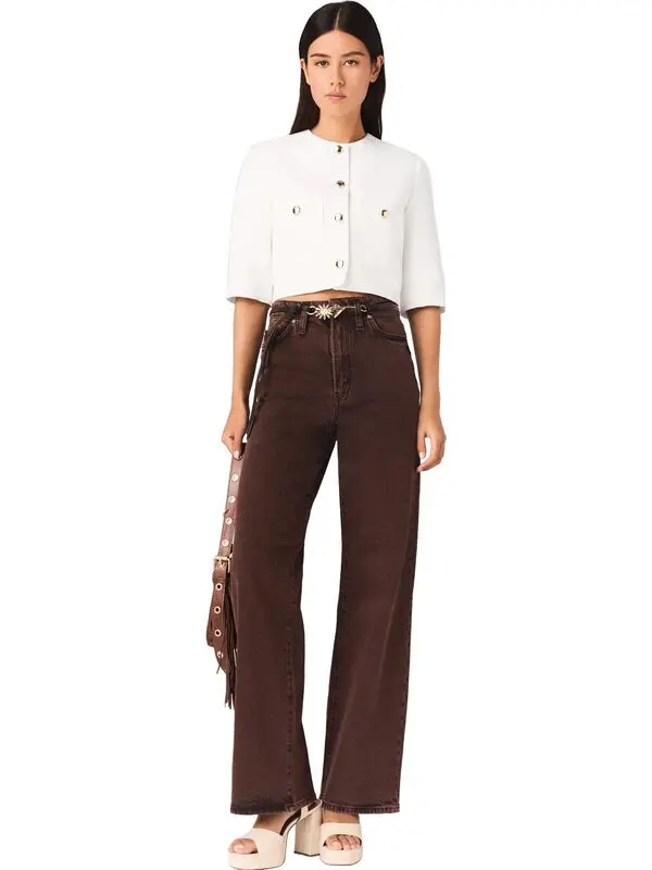 Maje Short Cropped Linen Blend Jacket With Gold-tone Buttons - White