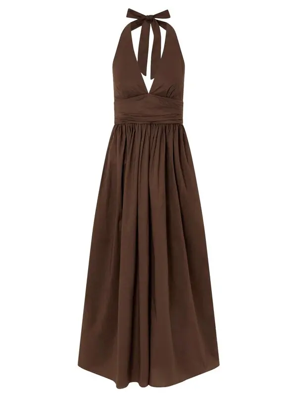 Matteau Gathered Organic Cotton-poplin Halterneck Maxi Dress - Brown