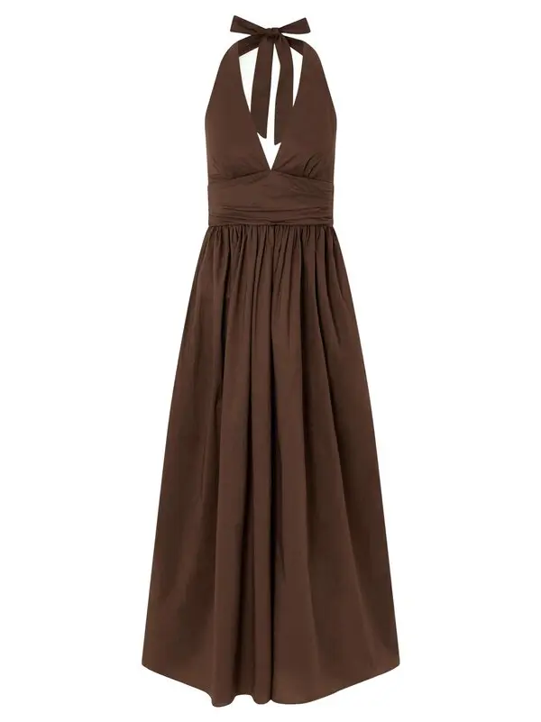Matteau Gathered Organic Cotton-poplin Halterneck Maxi Dress - Chocolate