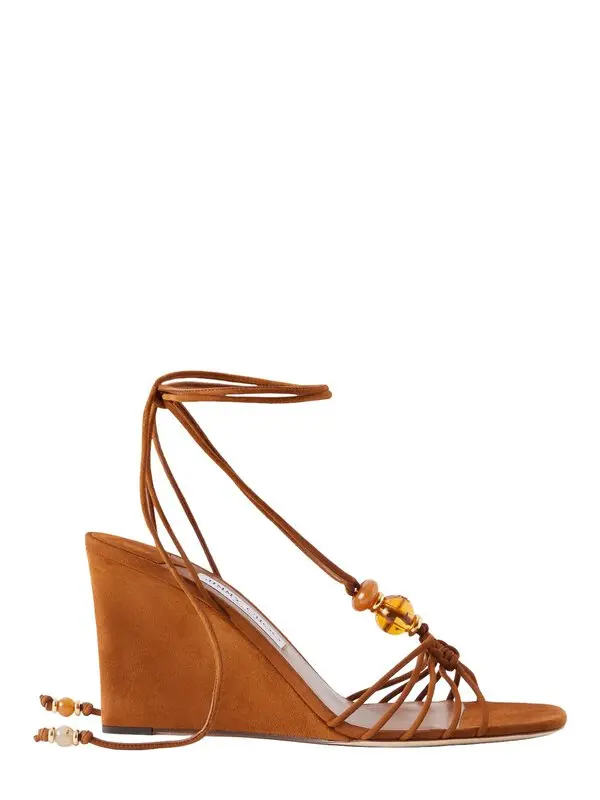 JIMMY CHOO Lova 85 Embellished Suede Wedge Sandals - Brown