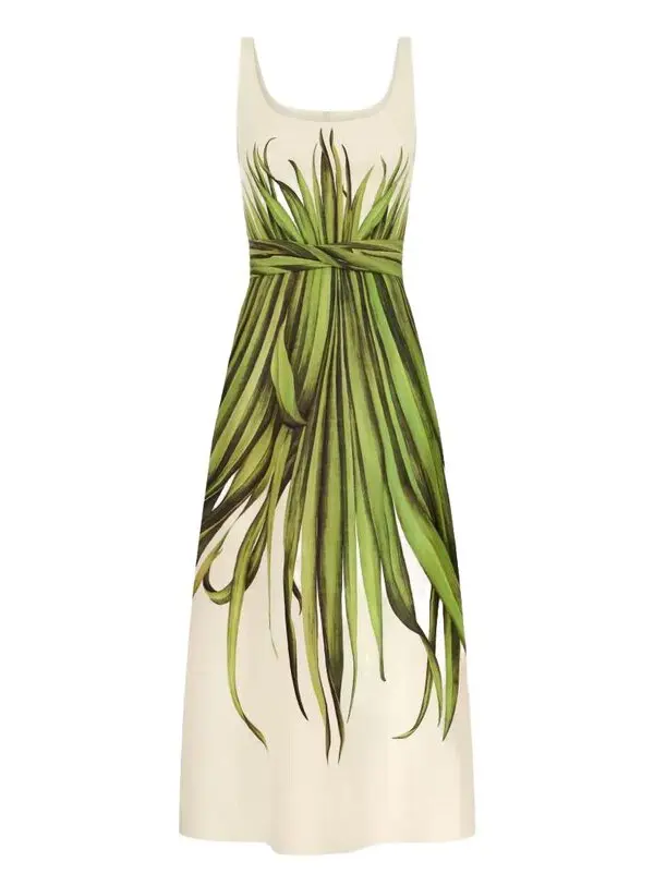 Oscar De La Renta Palm Leaves Cotton Poplin Dress - Neutrals