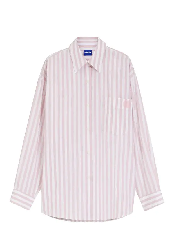 Hugo Striped Cotton Oversized Shirt With Logo Detail - Patterned