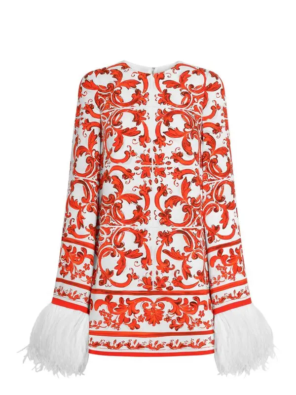 Dolce & Gabbana Majolica-print Charmeuse Dress With Feather Trim - Multicolor