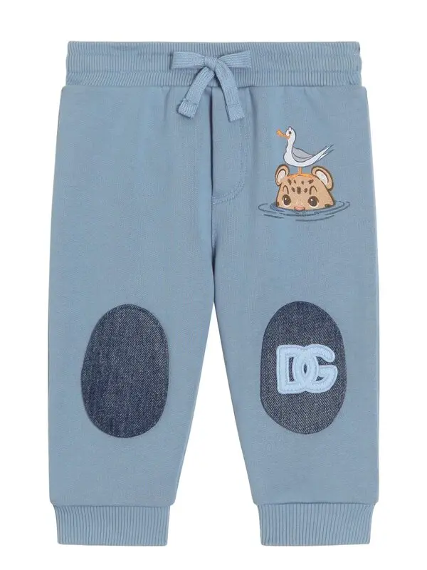 Dolce & Gabbana Fleece Trousers With Leopard Print And Dg Patch - Blue