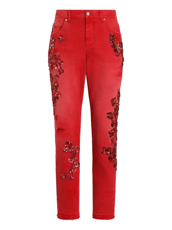 Dolce & Gabbana Embellished Cotton Denim Trousers - Red