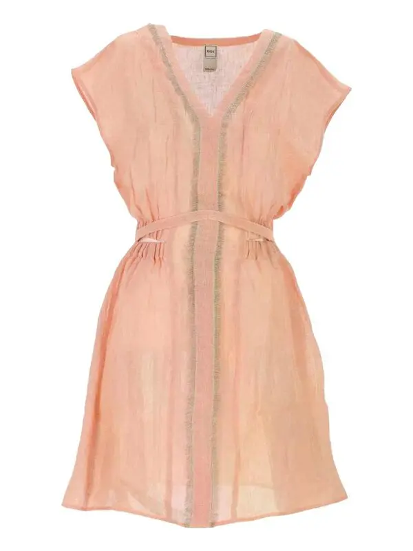 120% Lino Fringed-trim Belted Mini Dress - Pink