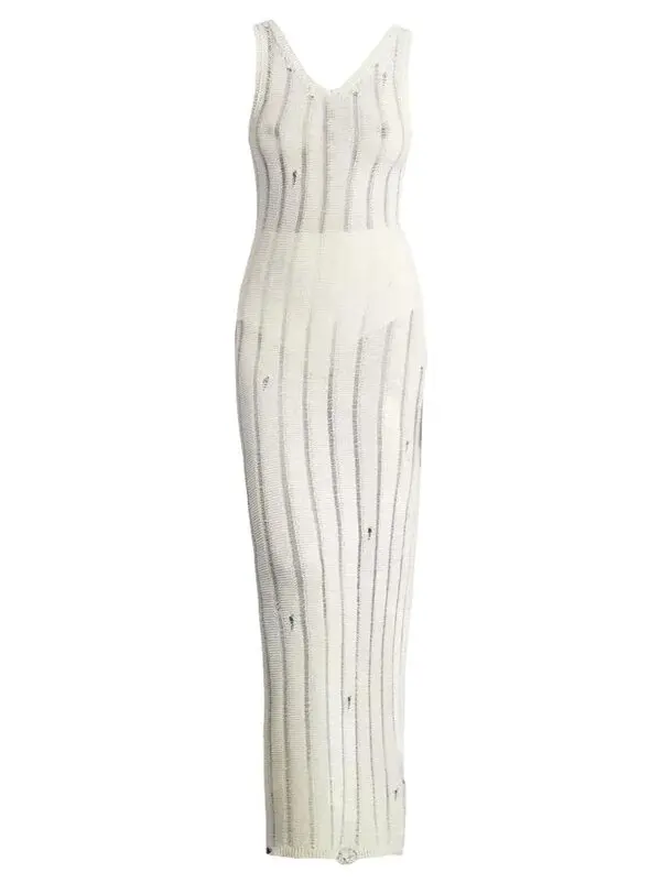 LANEUS Distressed Ribbed-knit V-neck Dress - White
