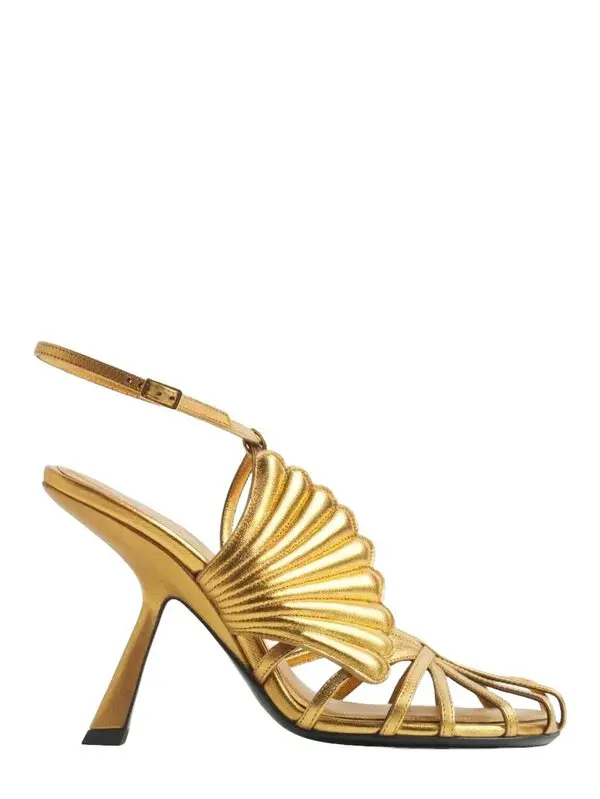 MUGLER Metallic Shell Detail T-strap Sandals - Gold