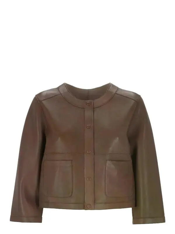 THE JACKIE LEATHERS Collarless Leather Jacket - Brown