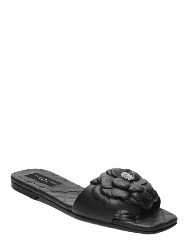 Philipp Plein Leather Flat Slides With Floral Embellishment - Black