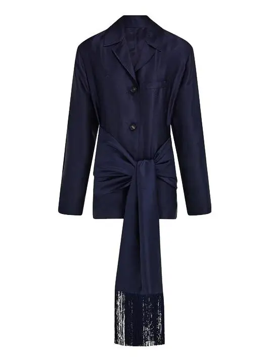 FERRAGAMO Silk Shirt Jacket With Fringe Detail - Blue / Navy