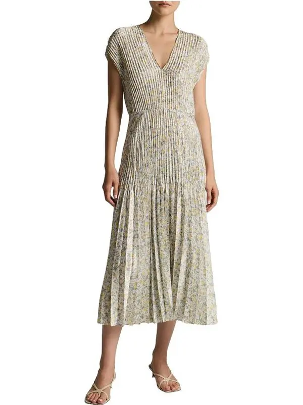 Vince Citrine Bloom Pleated Satin Dress - White