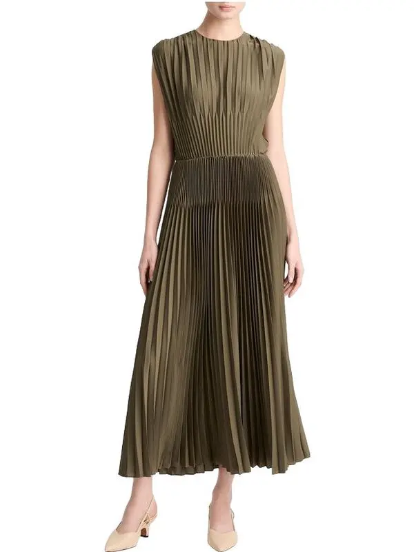 Vince Chevron Pleated Satin A-line Dress - Natural