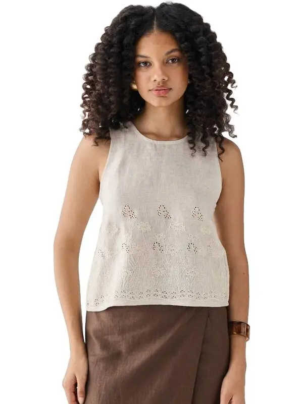 REISTOR Embroidered Linen Button-back Top - Red