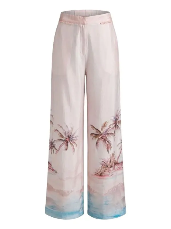 GLAM ON YOU Silk Linen Tropical Print Trousers - White