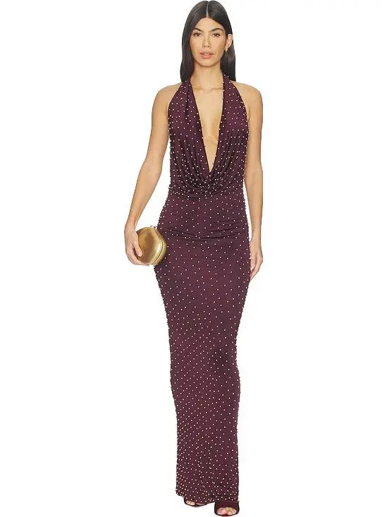 THE NEW ARRIVALS ILKYAZ OZEL Beaded Jersey Halterneck Gown - Tiger Eye